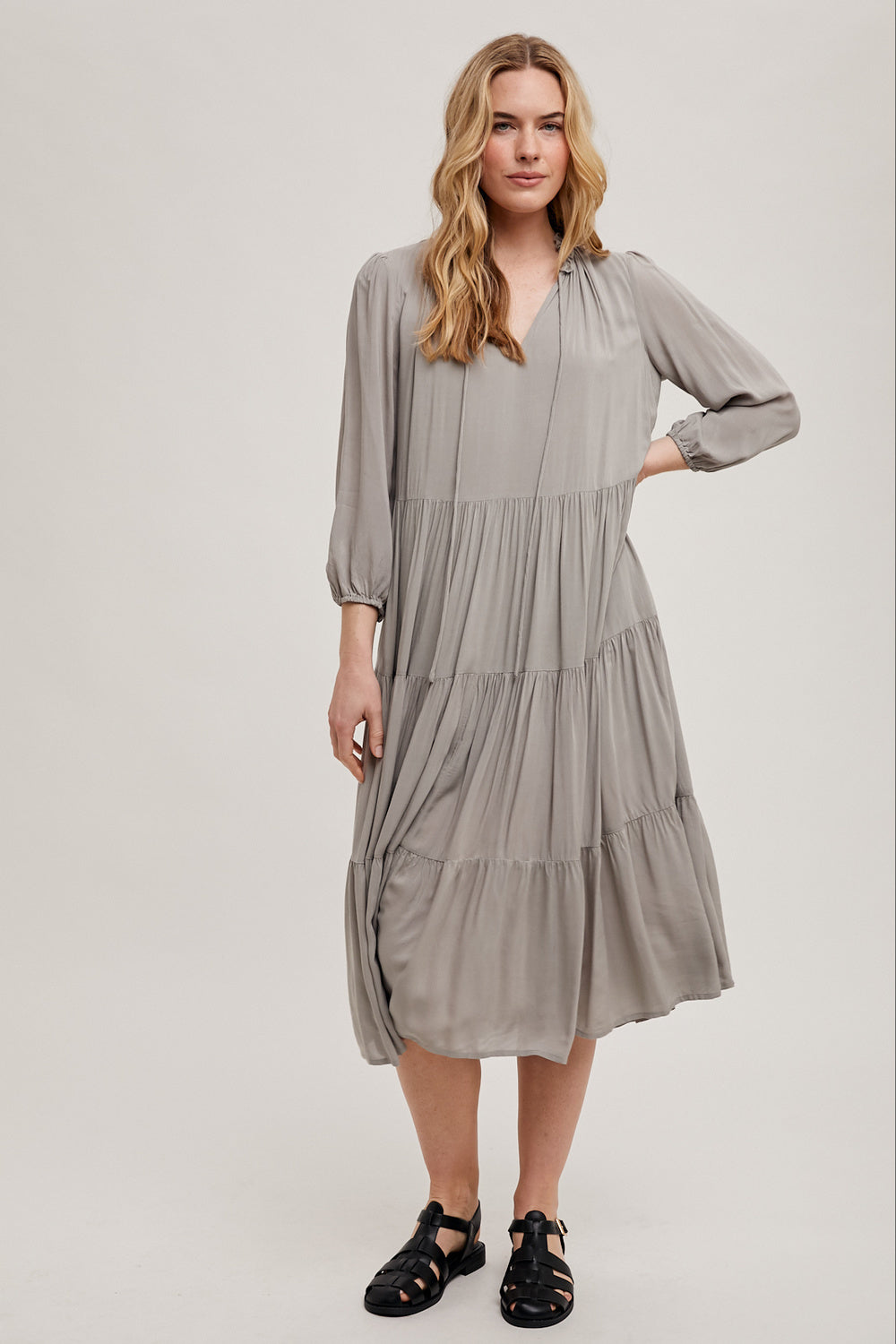 Ruffled Neck Tiered Dress in Sage