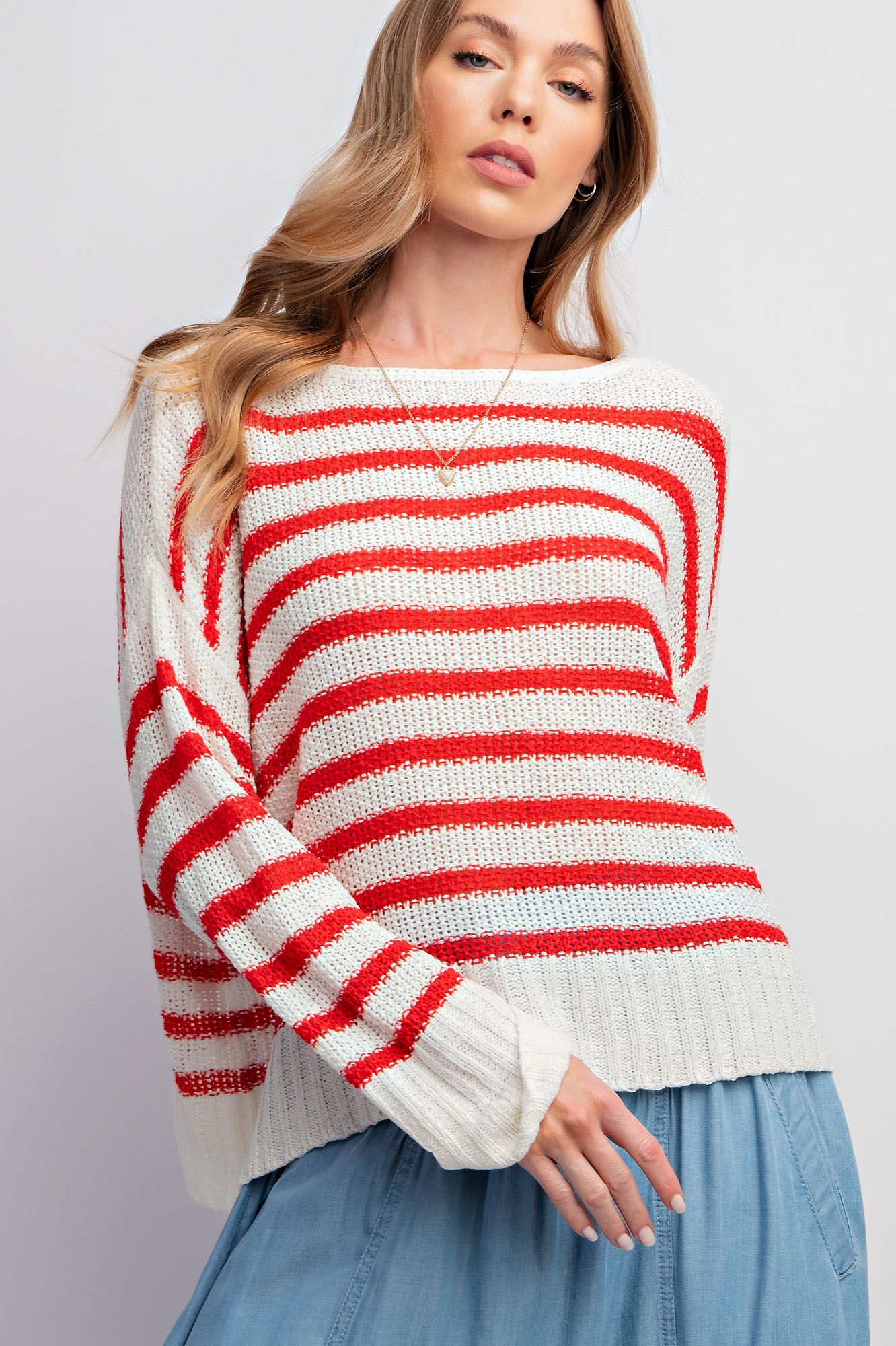 Open Knit Red and White Sweater